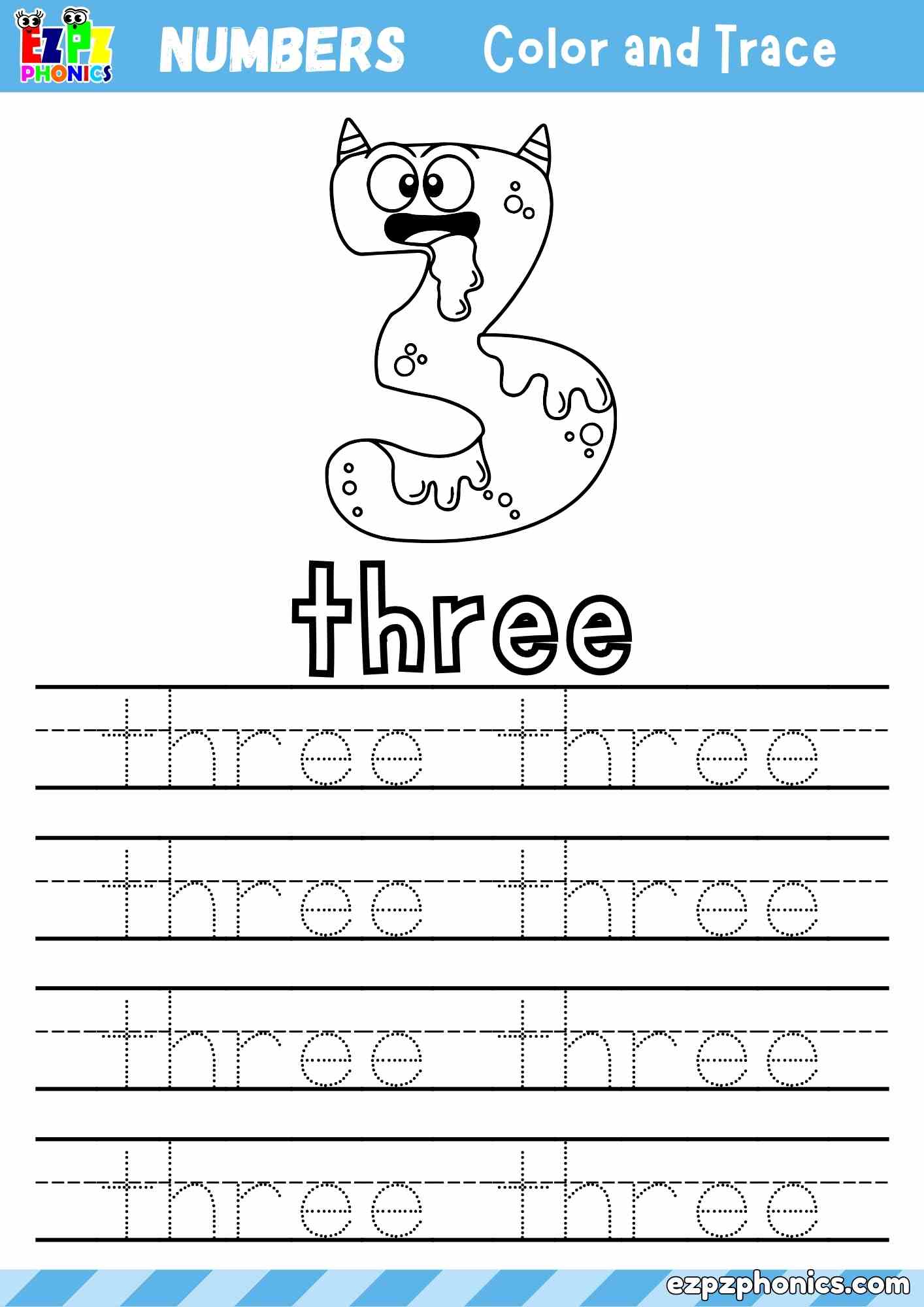 Number Three Word Tracing Activity (Free PDF Download) - ezpzphonics.com